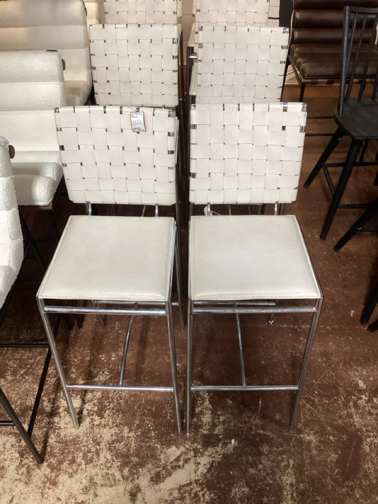 Bar Stool / SET of 2 white leather criss cross / bar height AS FOUND