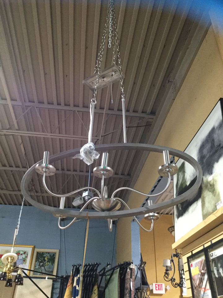 Oval Driftwood Tone Light Fixture w/ 6 Brushed Nickel Arms